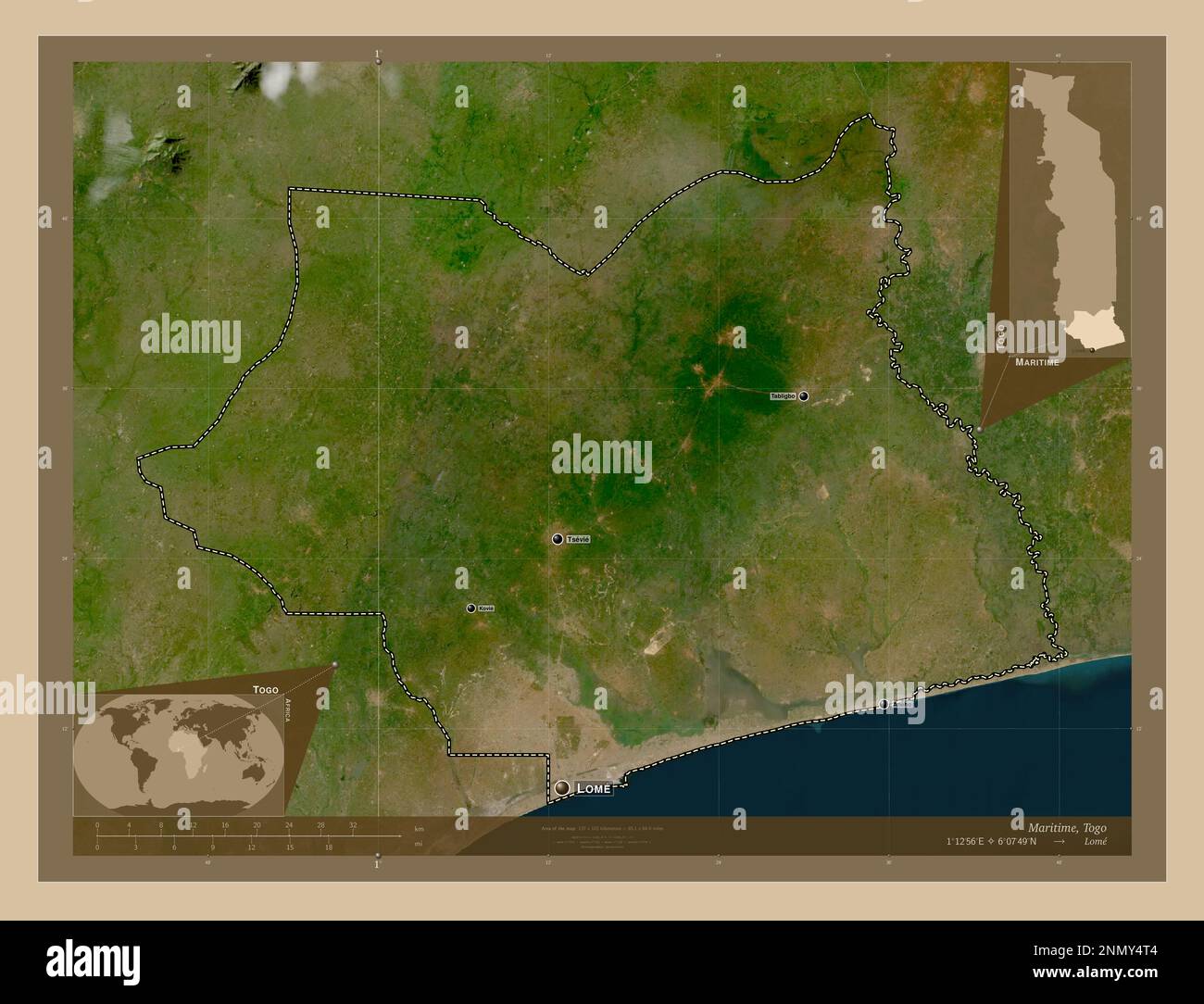 Maritime, region of Togo. Low resolution satellite map. Locations and ...