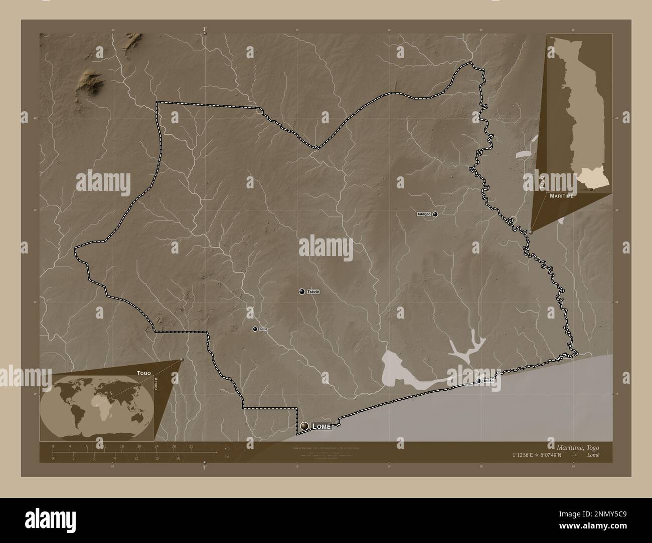 Maritime, region of Togo. Elevation map colored in sepia tones with ...