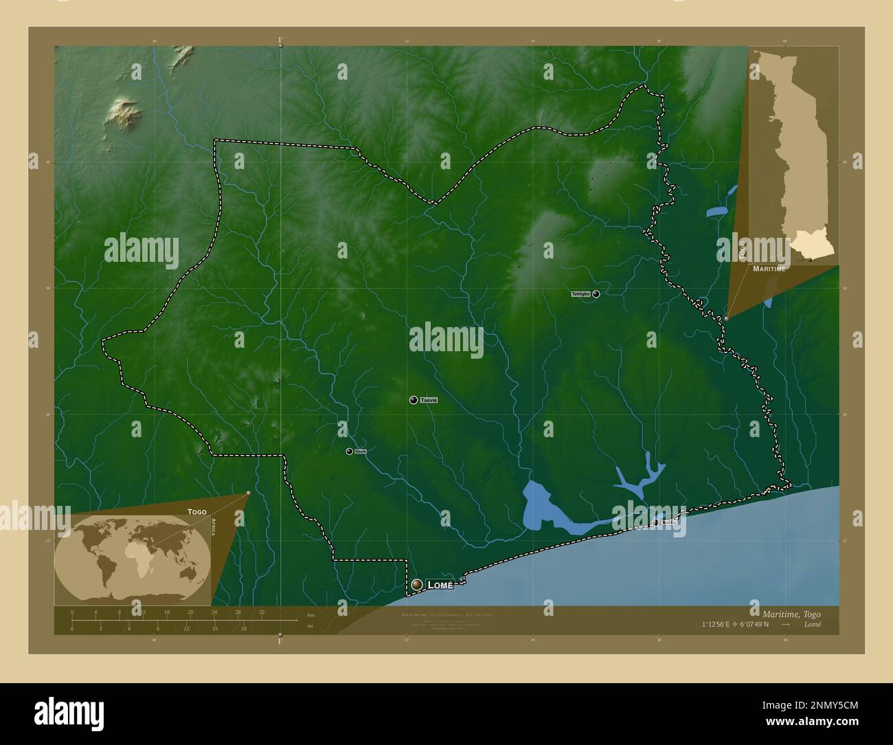 Maritime, region of Togo. Colored elevation map with lakes and rivers ...