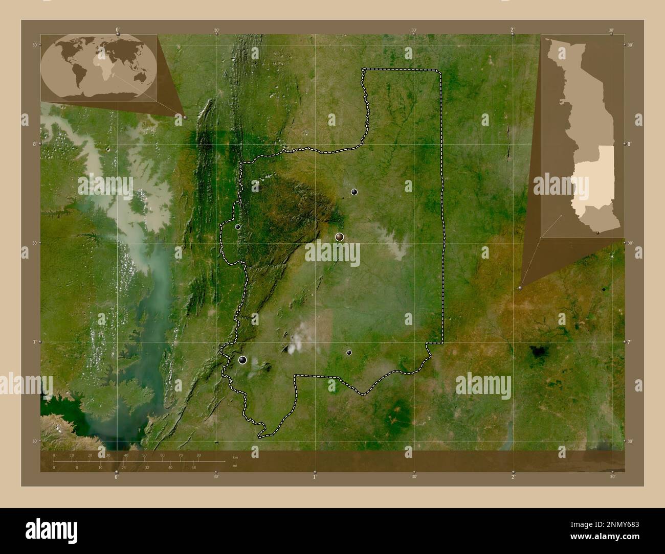 Plateaux, region of Togo. Low resolution satellite map. Locations of ...