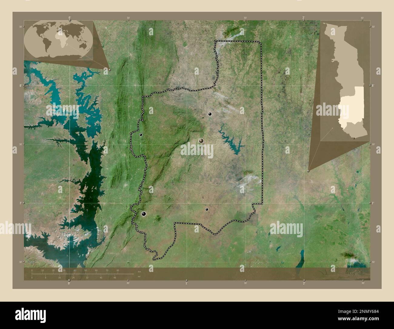Plateaux, region of Togo. High resolution satellite map. Locations of ...
