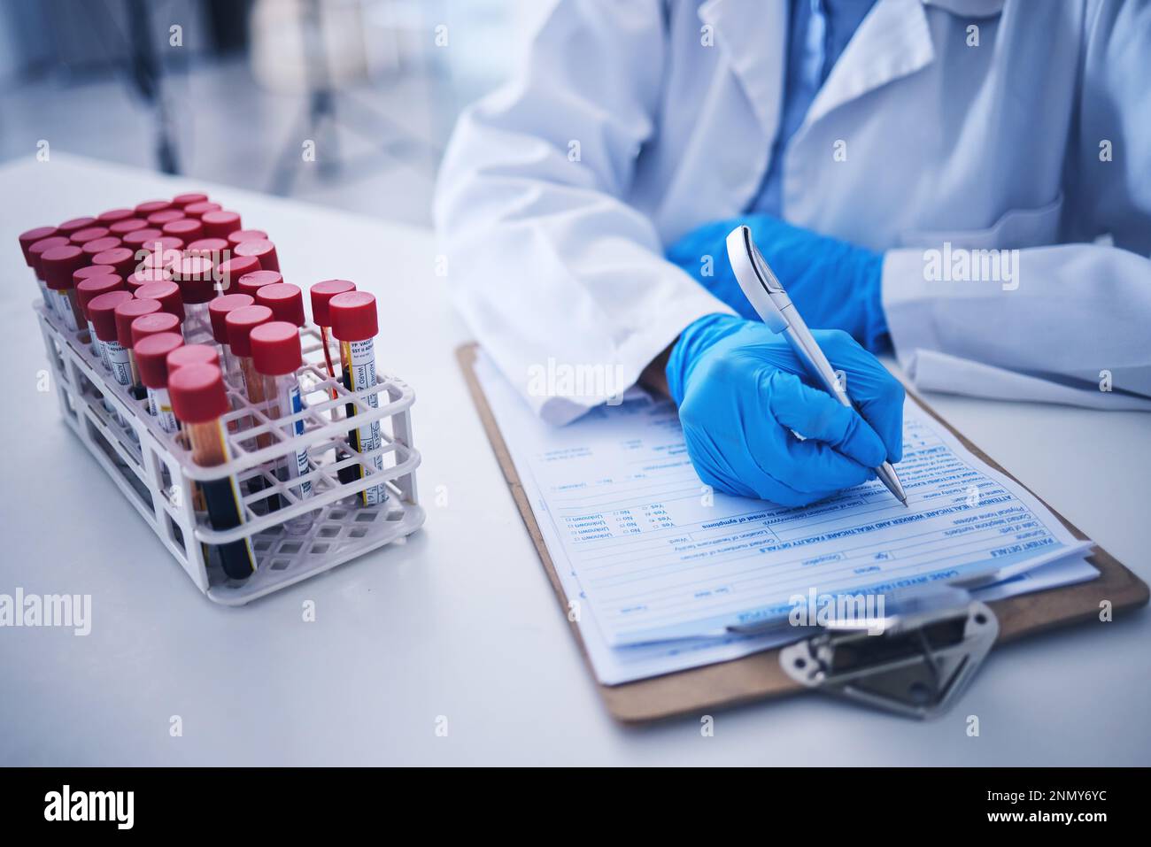 Blood test, medicine documents and hands in laboratory for healthcare ...