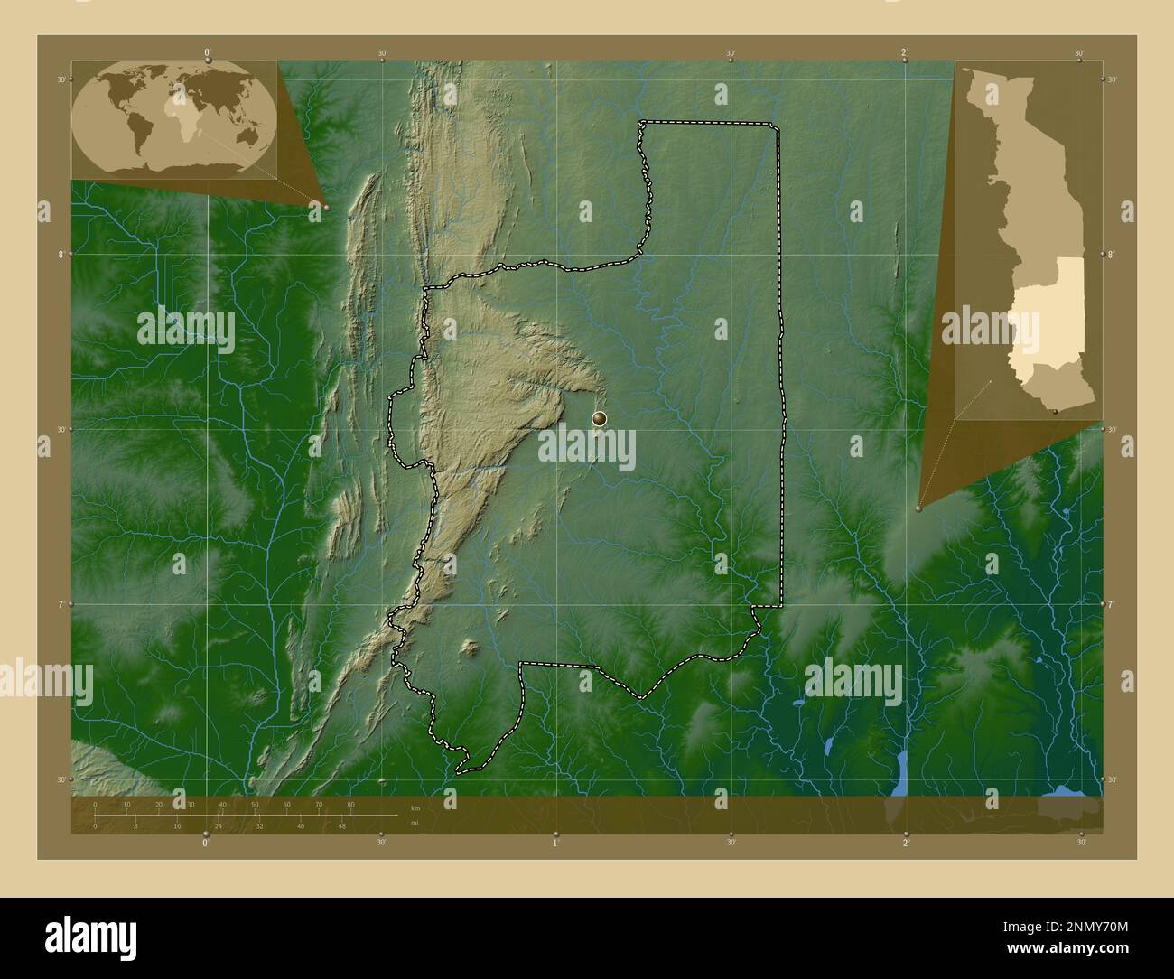 Plateaux, region of Togo. Colored elevation map with lakes and rivers ...