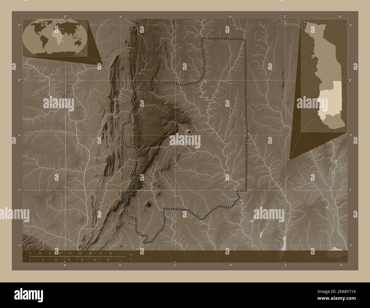 Plateaux, region of Togo. Elevation map colored in sepia tones with ...