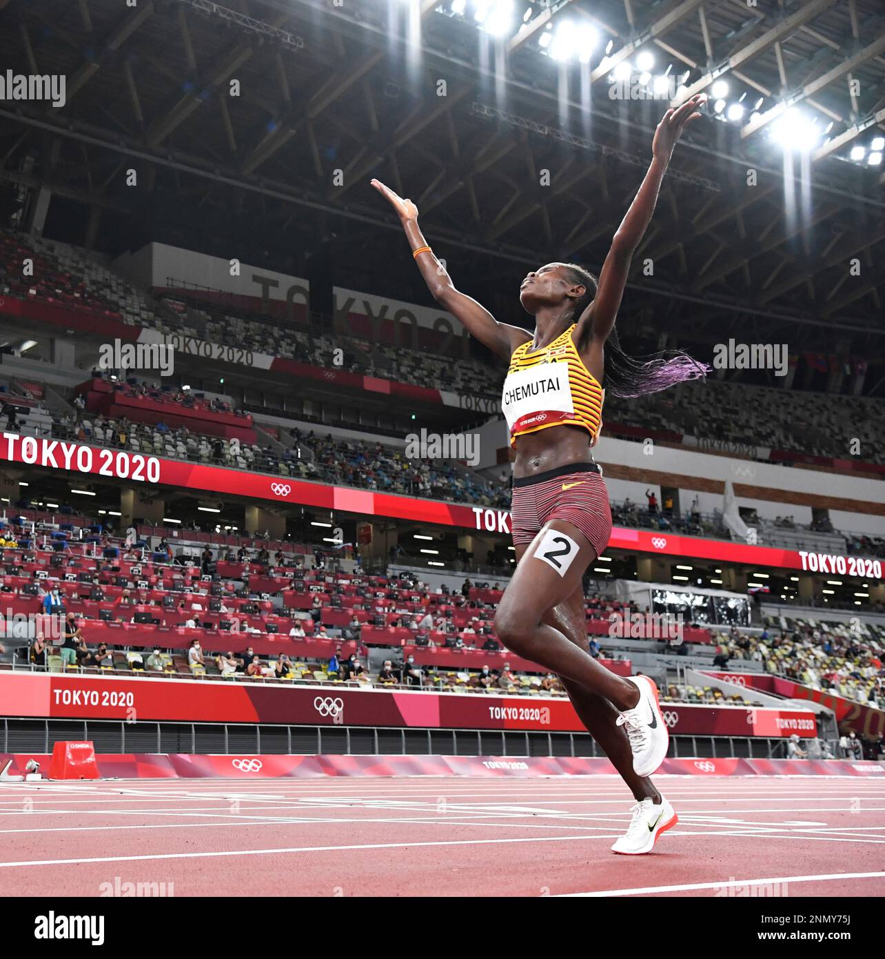 CHEMUTAI Peruth of Uganda crosses a goal line during Athletics women's ...