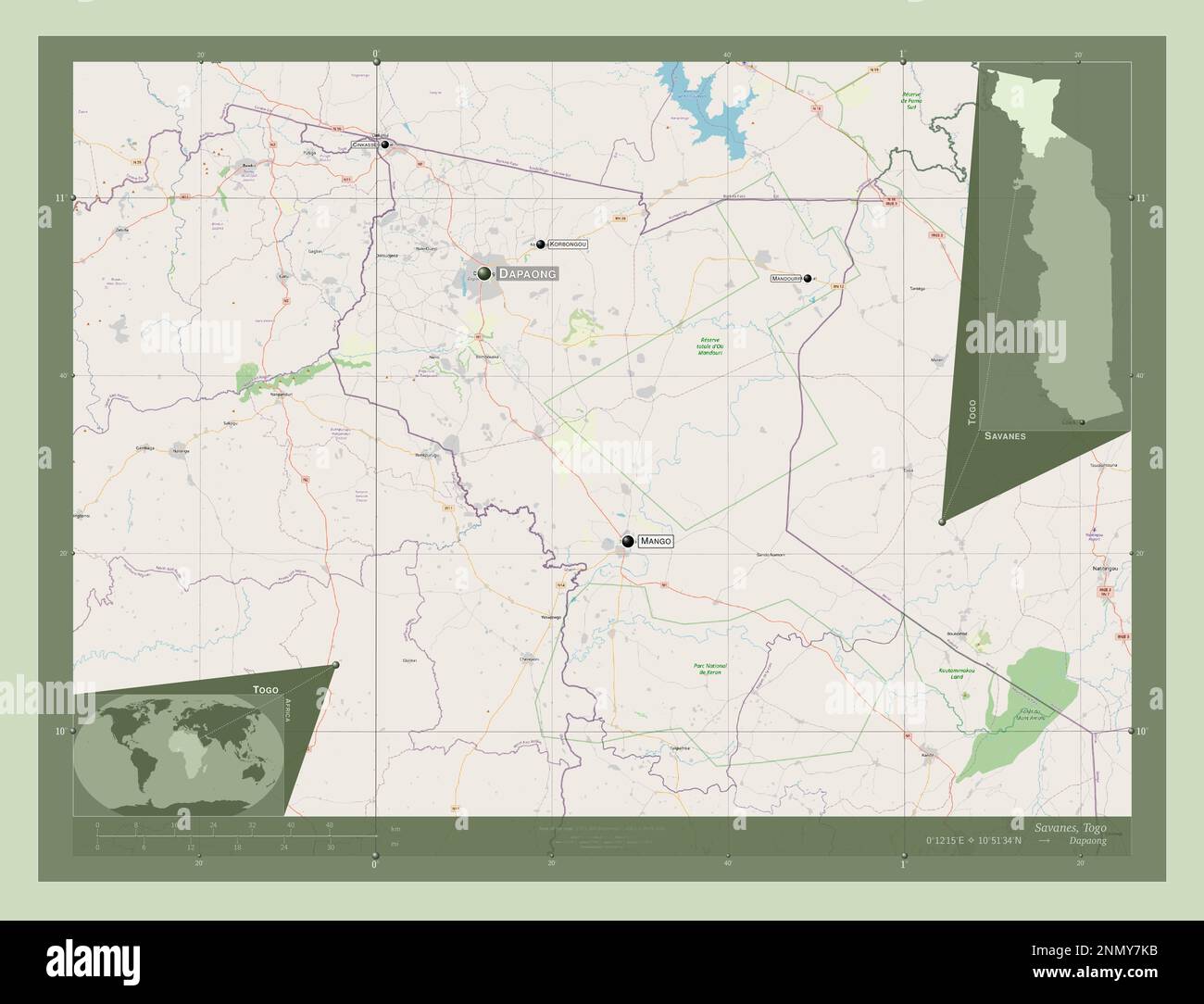 Savanes, region of Togo. Open Street Map. Locations and names of major ...