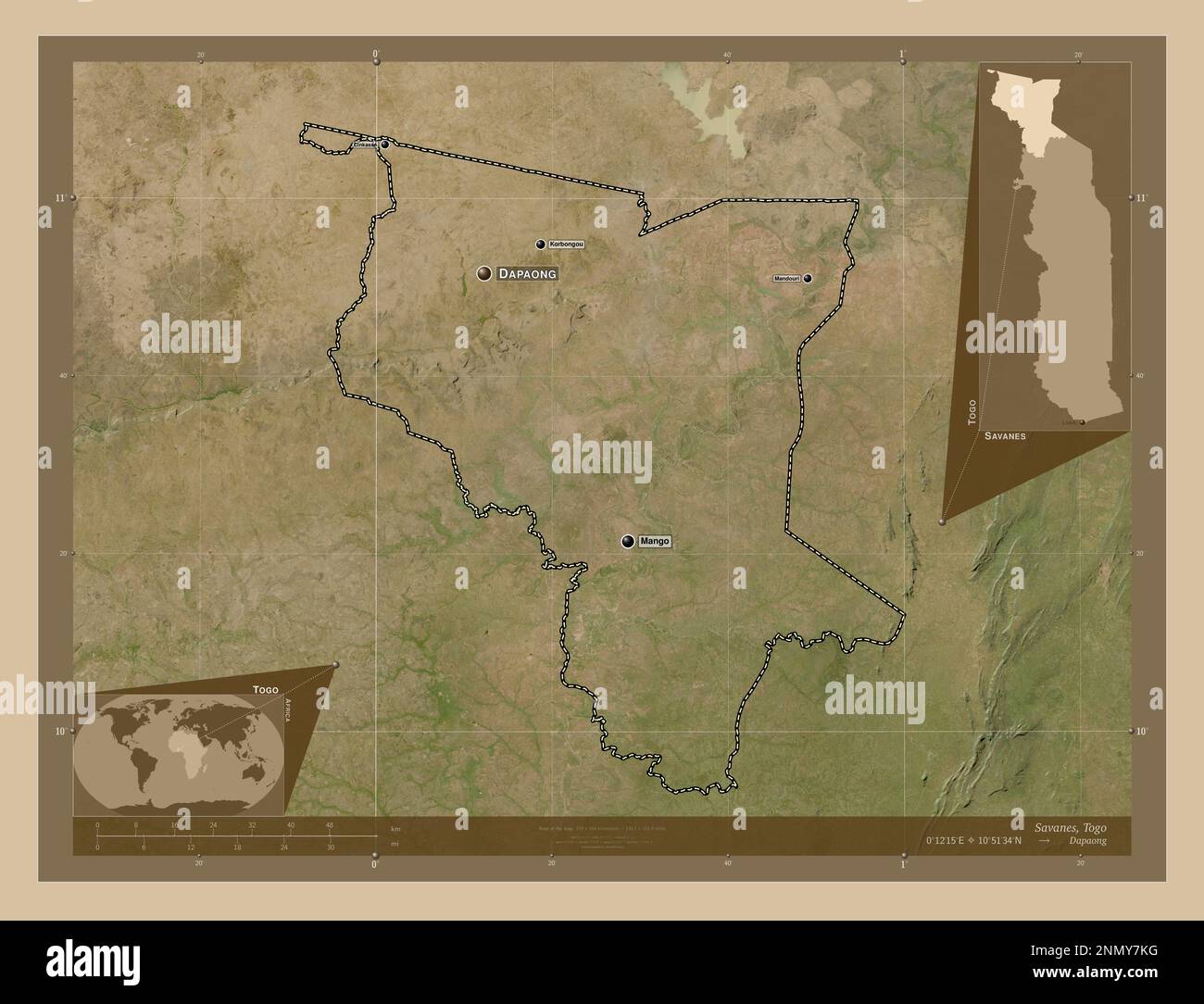 Savanes, region of Togo. Low resolution satellite map. Locations and ...