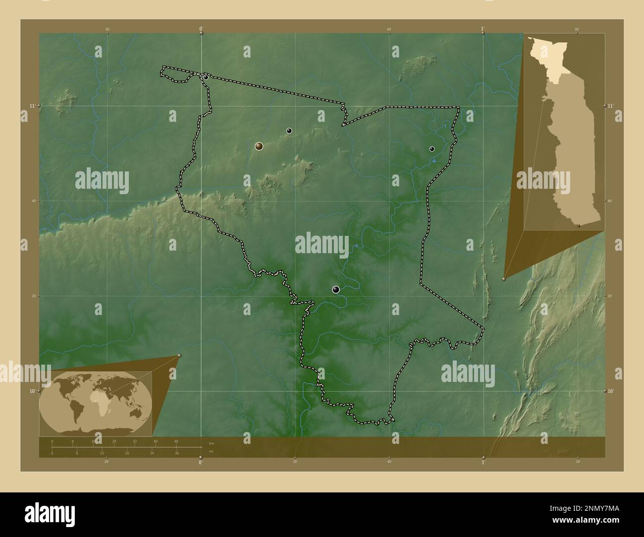 Savanes, region of Togo. Colored elevation map with lakes and rivers ...