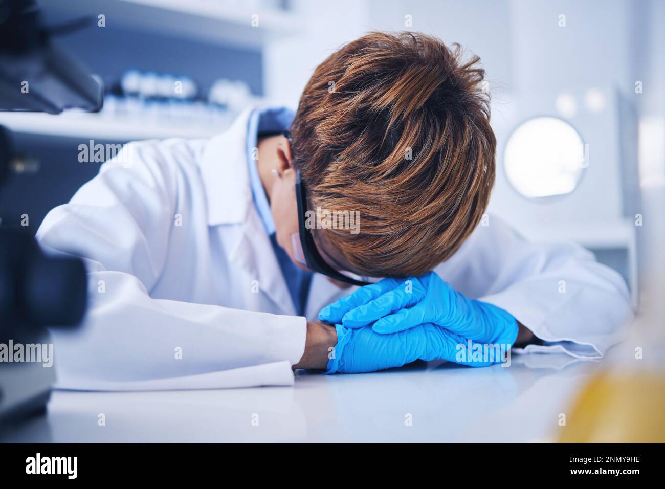 Depression or black woman scientist with stress for medical crisis ...
