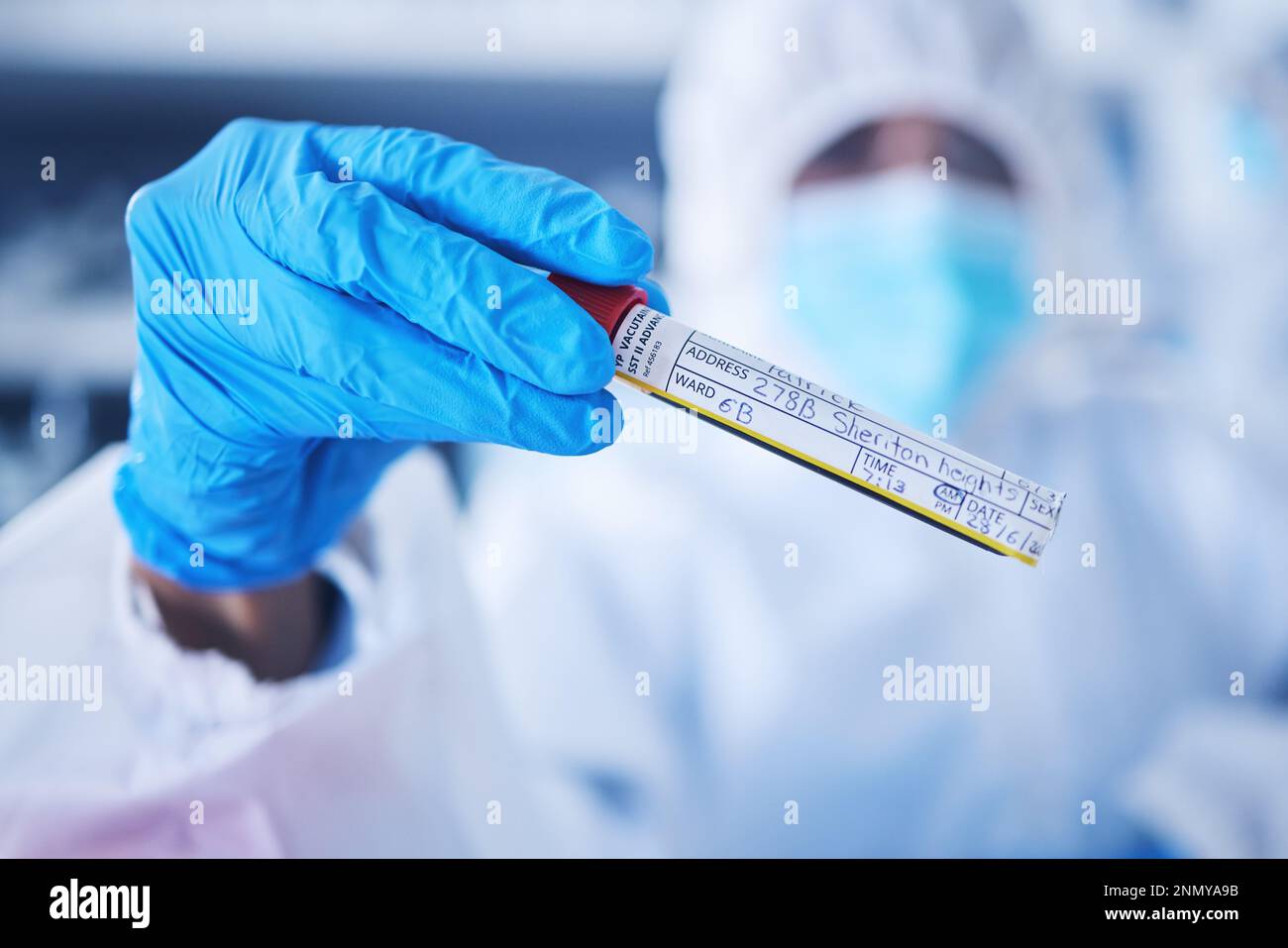 Hands, test tube and doctor in laboratory with liquid for research ...