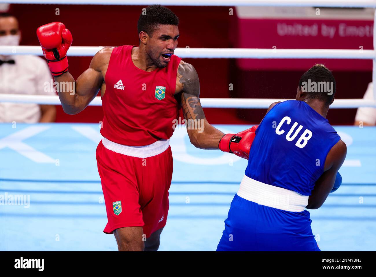 TOKYO, JAPAN - AUGUST 03: Abner Teixeira of Team Brazil and Julio La Cruz of Team Cuba in action ...