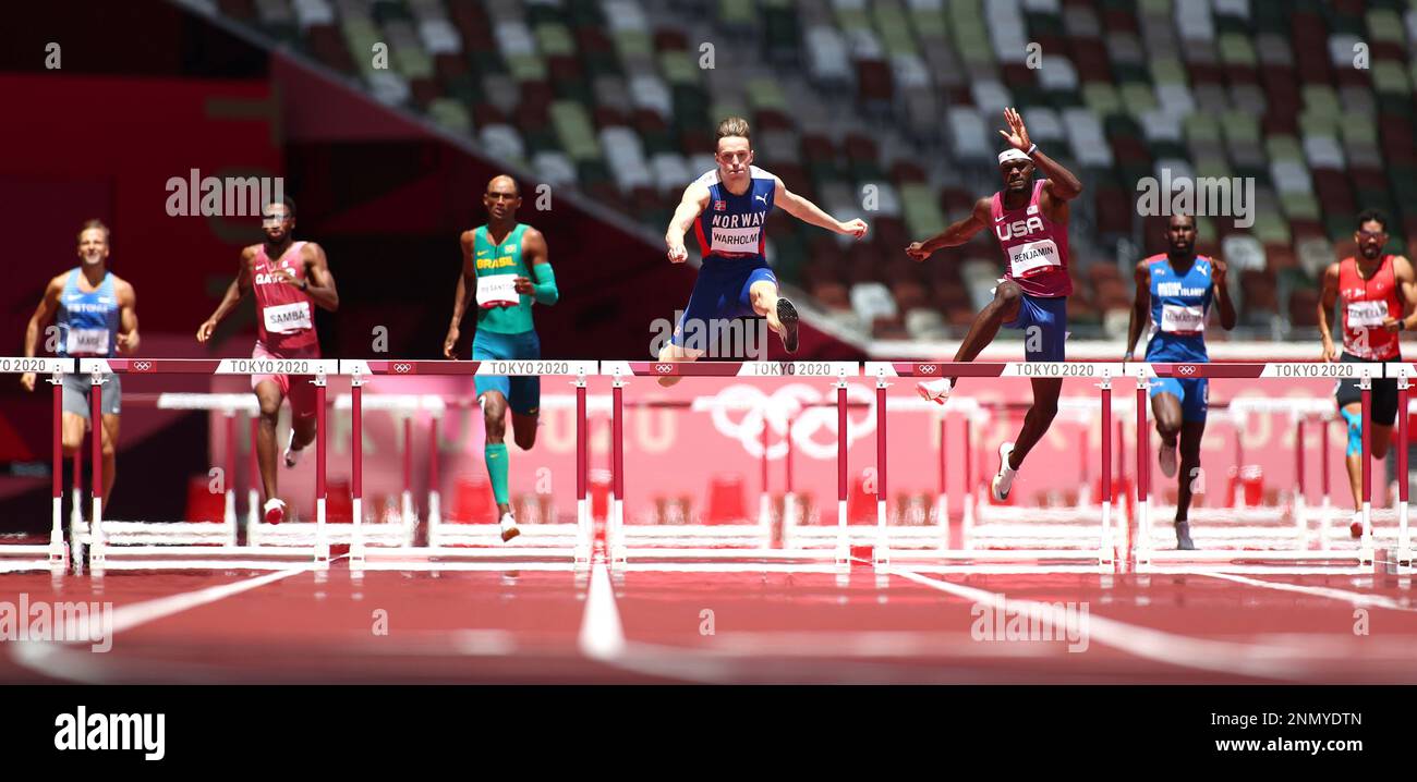 WARHOLM Karsten (C) of Norwary competes during the Men's 400m Hurdles ...