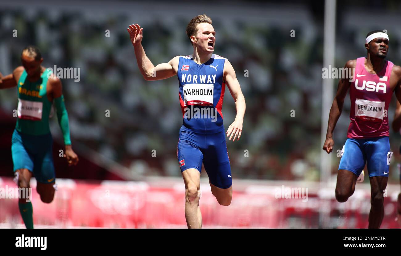 WARHOLM Karsten (C) of Norwary competes during the Men's 400m Hurdles ...