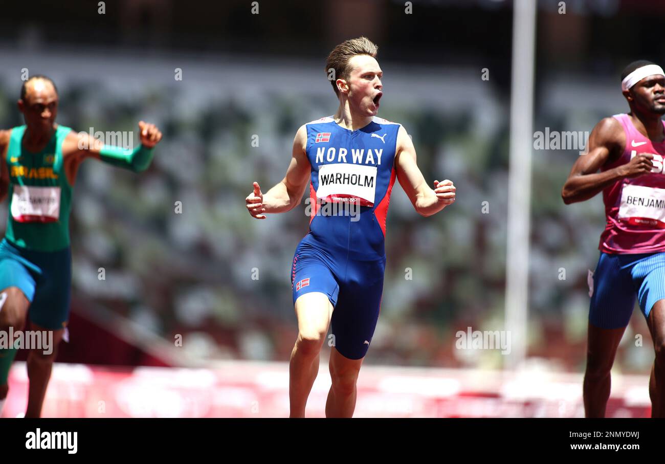 WARHOLM Karsten (C) of Norwary competes during the Men's 400m Hurdles ...