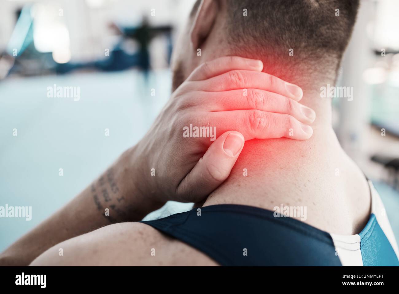 Neck pain, sport injury and person with fitness, muscle tension or hand ...