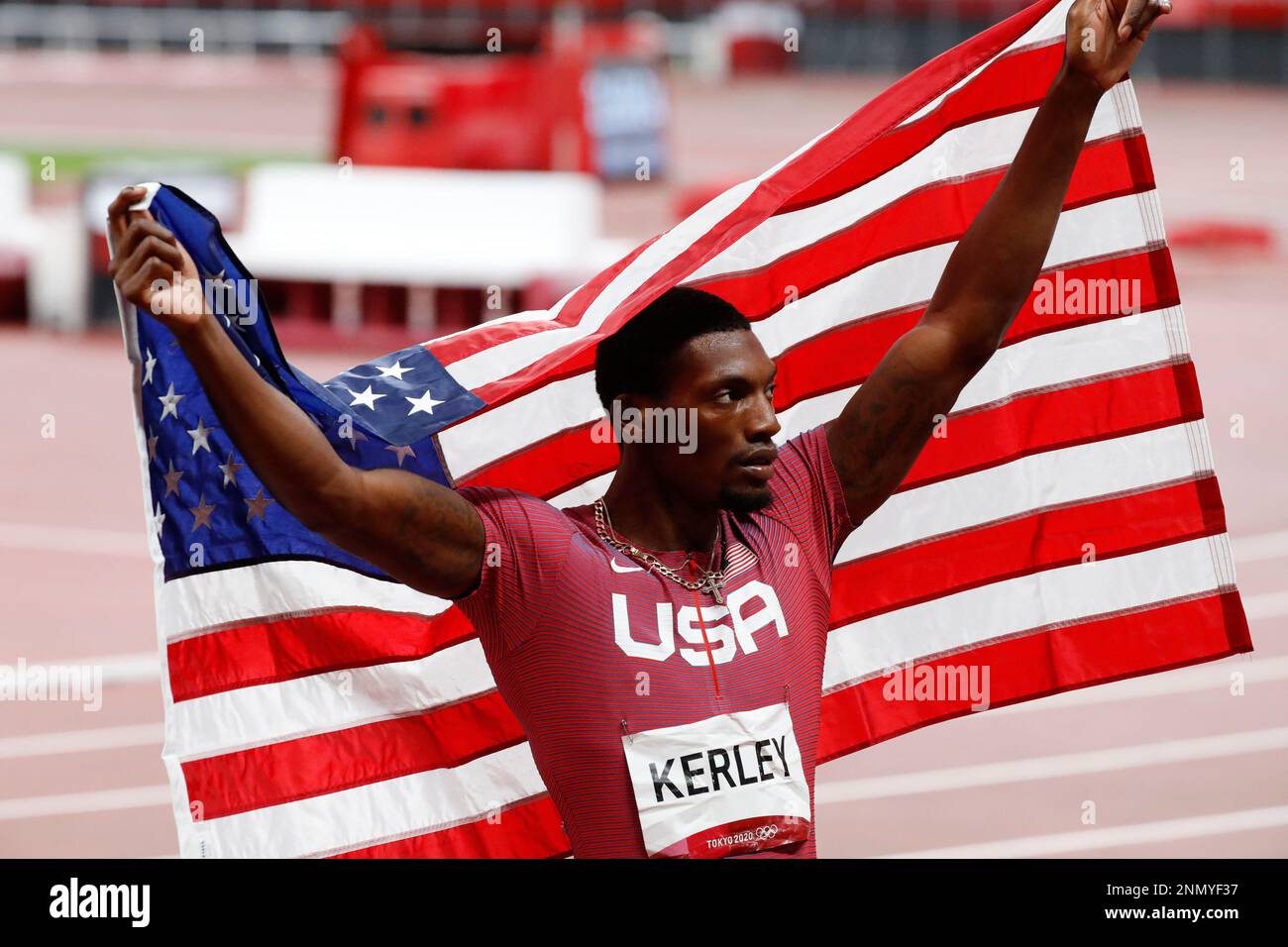 August 1, 2021, Tokyo, Kanto, Japan: Silver medalist FRED KERLEY (USA) after the men's 100m ...