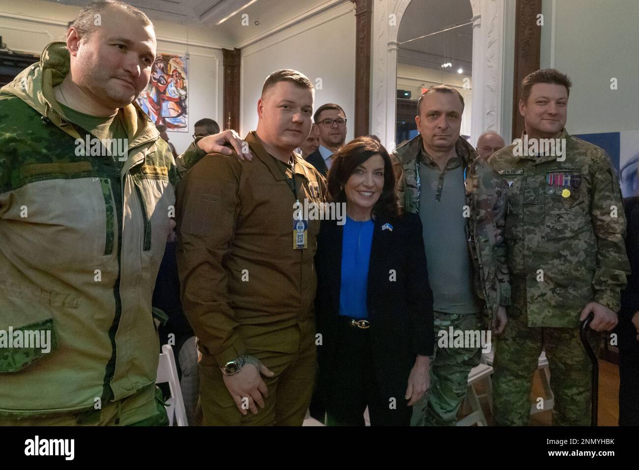 NEW YORK, NEW YORK - FEBRUARY 24: New York State Governor Kathy Hochul greets wounded Ukrainian ...