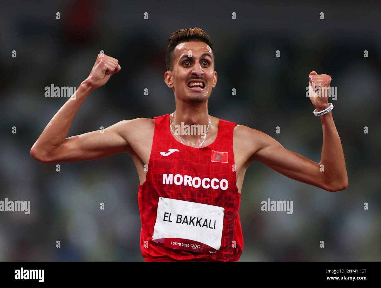 Morocco's EL BAKKALI Soufiane reacts after winning the Men's 3000m ...