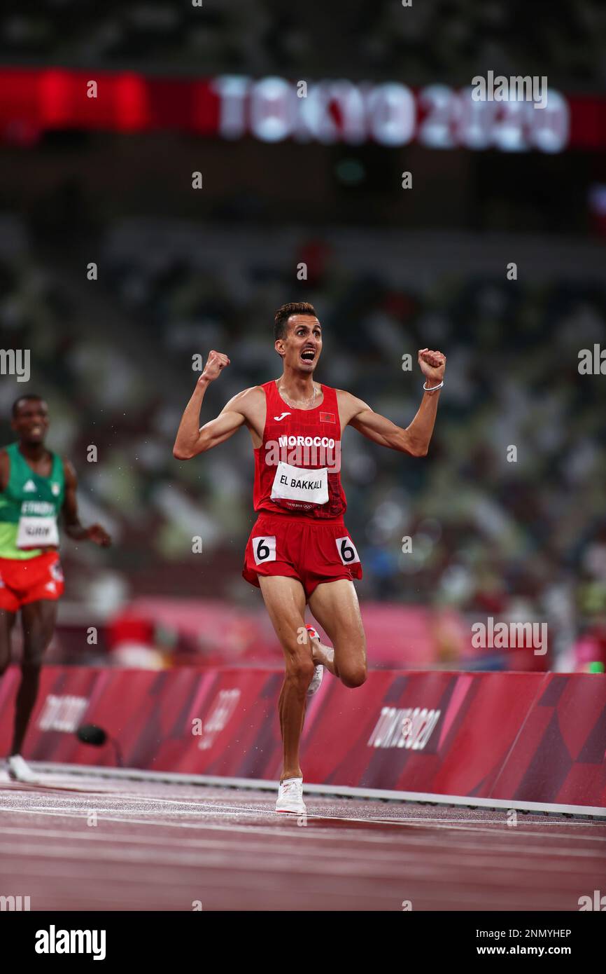 Morocco's EL BAKKALI Soufiane reacts after winning the Men's 3000m ...