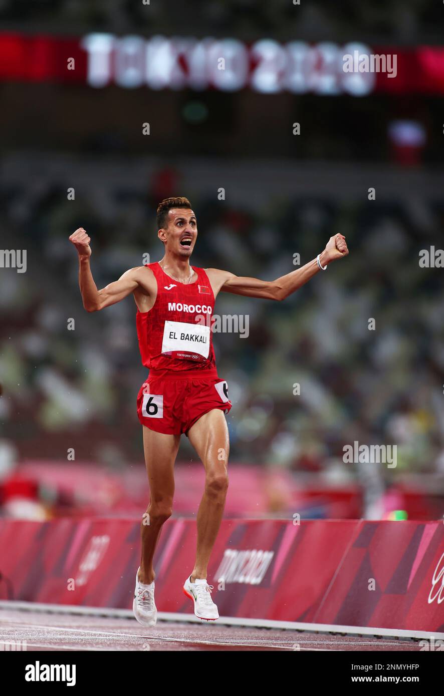 Morocco's EL BAKKALI Soufiane reacts after winning the Men's 3000m ...