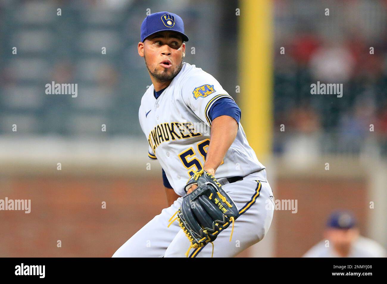 ATLANTA, GA - JULY 31: Miguel Sanchez #58 of the Milwaukee Brewers ...