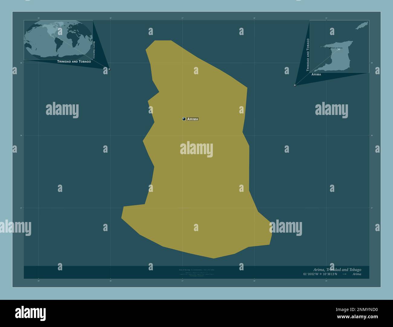Arima, borough of Trinidad and Tobago. Solid color shape. Locations and ...
