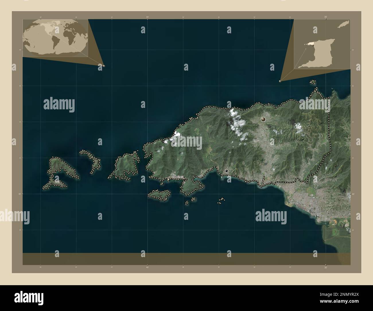 Diego Martin, region of Trinidad and Tobago. High resolution satellite map. Locations of major ...