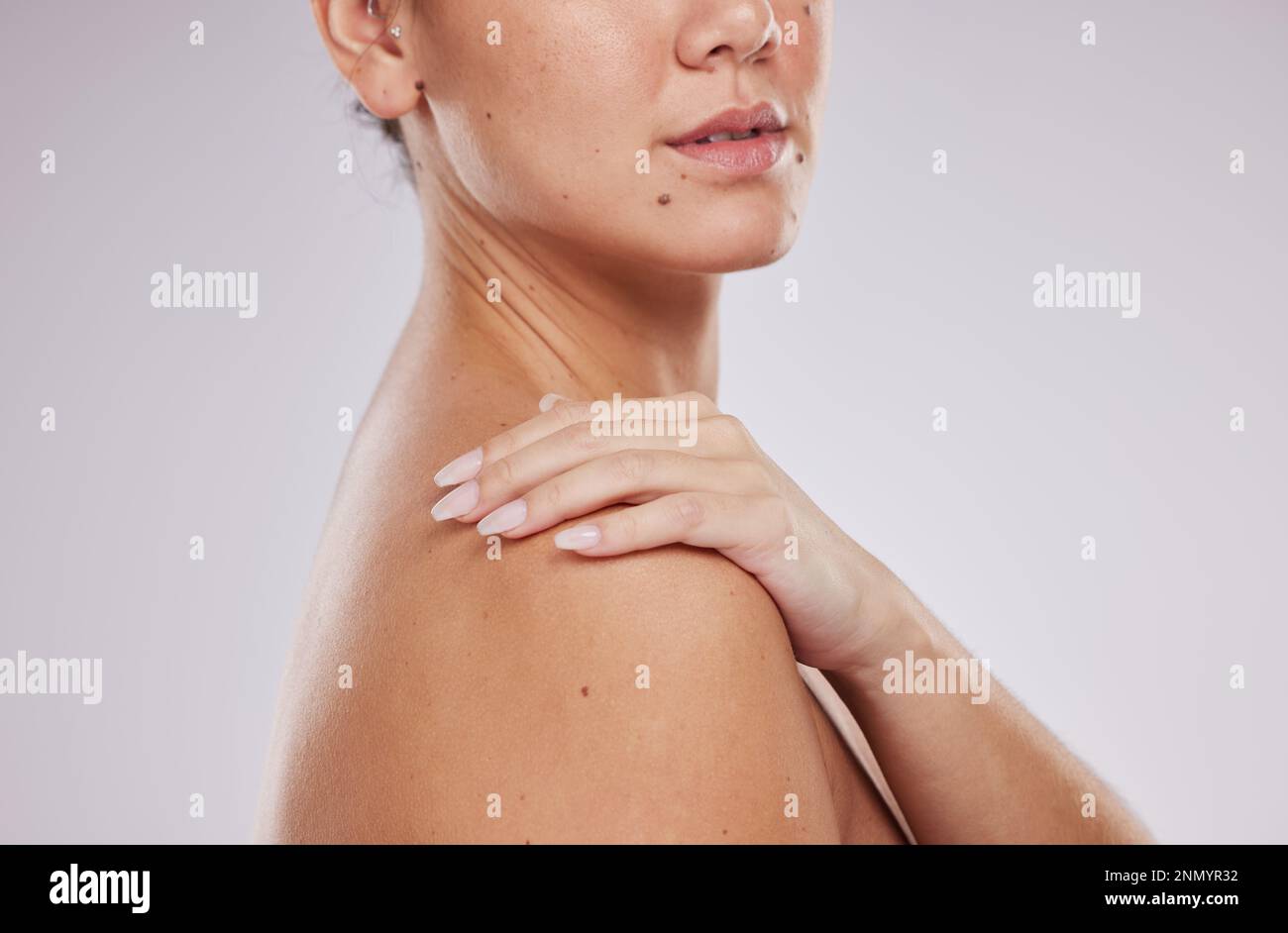 Skincare, shoulder and woman hands on body for aesthetic wellness ...