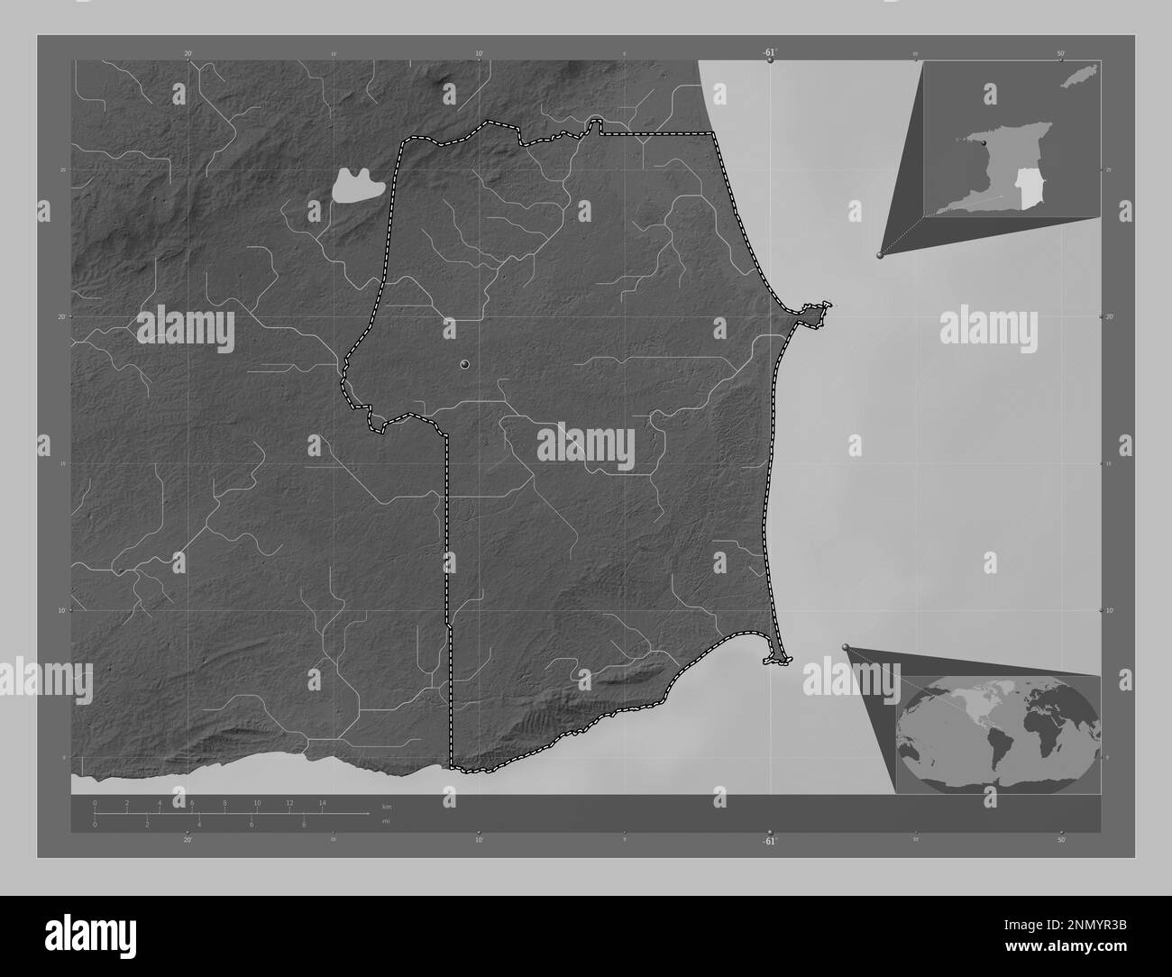 Rio Claro Mayaro, region of Trinidad and Tobago. Grayscale elevation ...