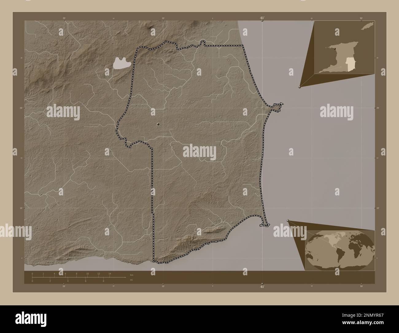 Rio Claro Mayaro, region of Trinidad and Tobago. Elevation map colored ...