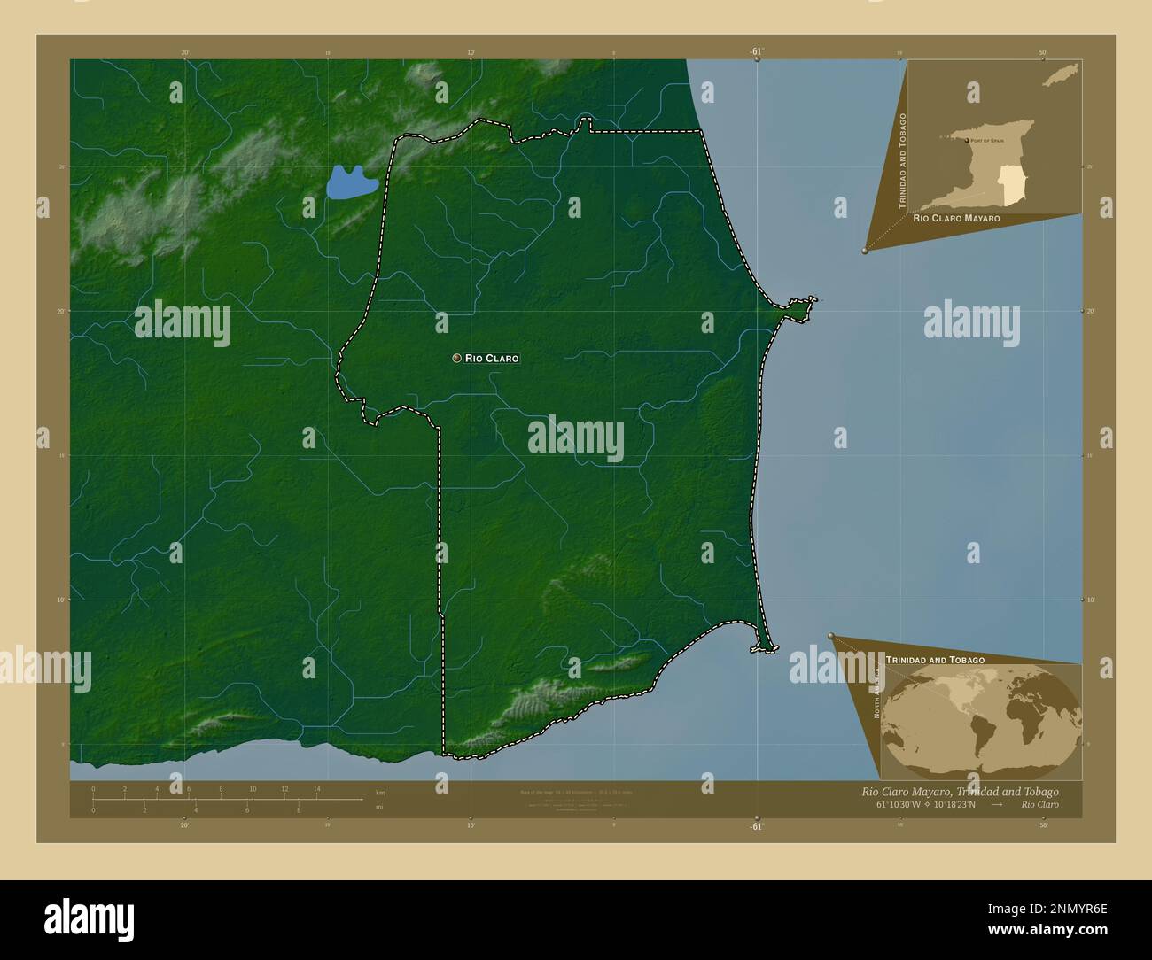 Rio Claro Mayaro, region of Trinidad and Tobago. Colored elevation map ...