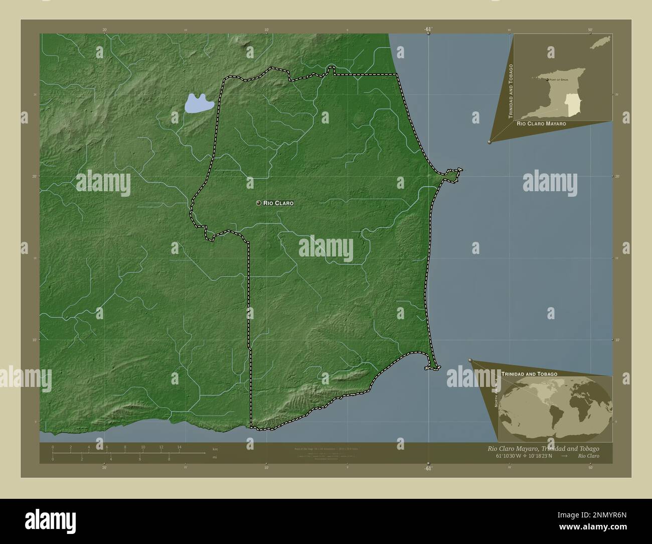 Rio Claro Mayaro, region of Trinidad and Tobago. Elevation map colored ...