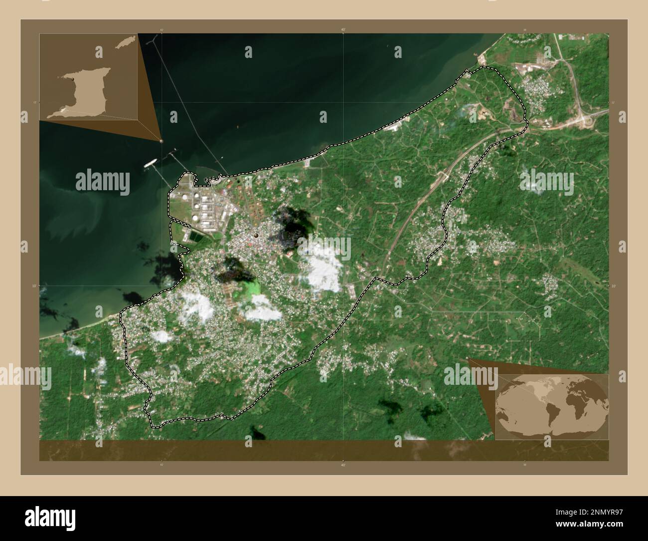 Point Fortin, borough of Trinidad and Tobago. Low resolution satellite ...