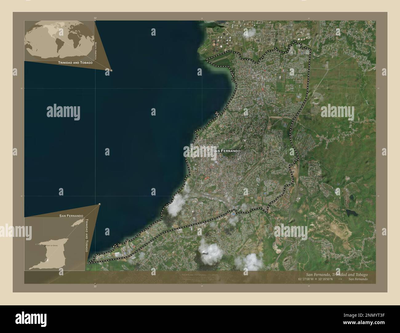San Fernando, city of Trinidad and Tobago. High resolution satellite map. Locations and names of ...