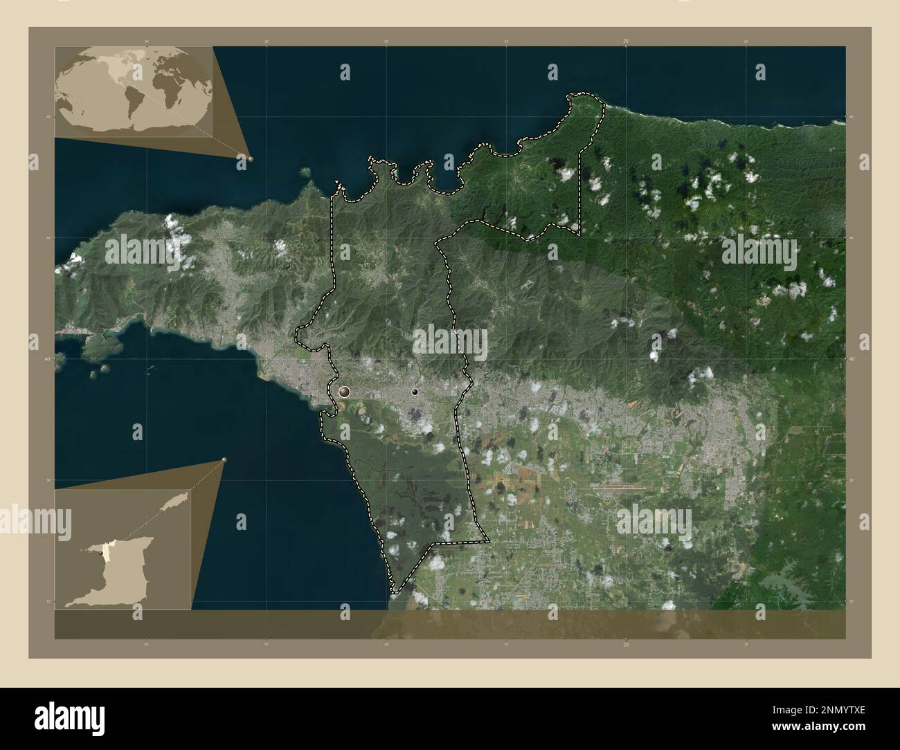 San Juan-Laventille, region of Trinidad and Tobago. High resolution satellite map. Locations of ...