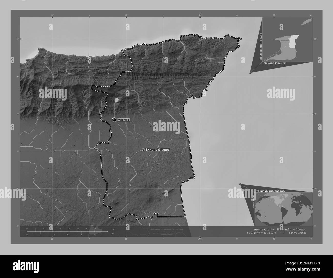 Sangre Grande, region of Trinidad and Tobago. Grayscale elevation map ...