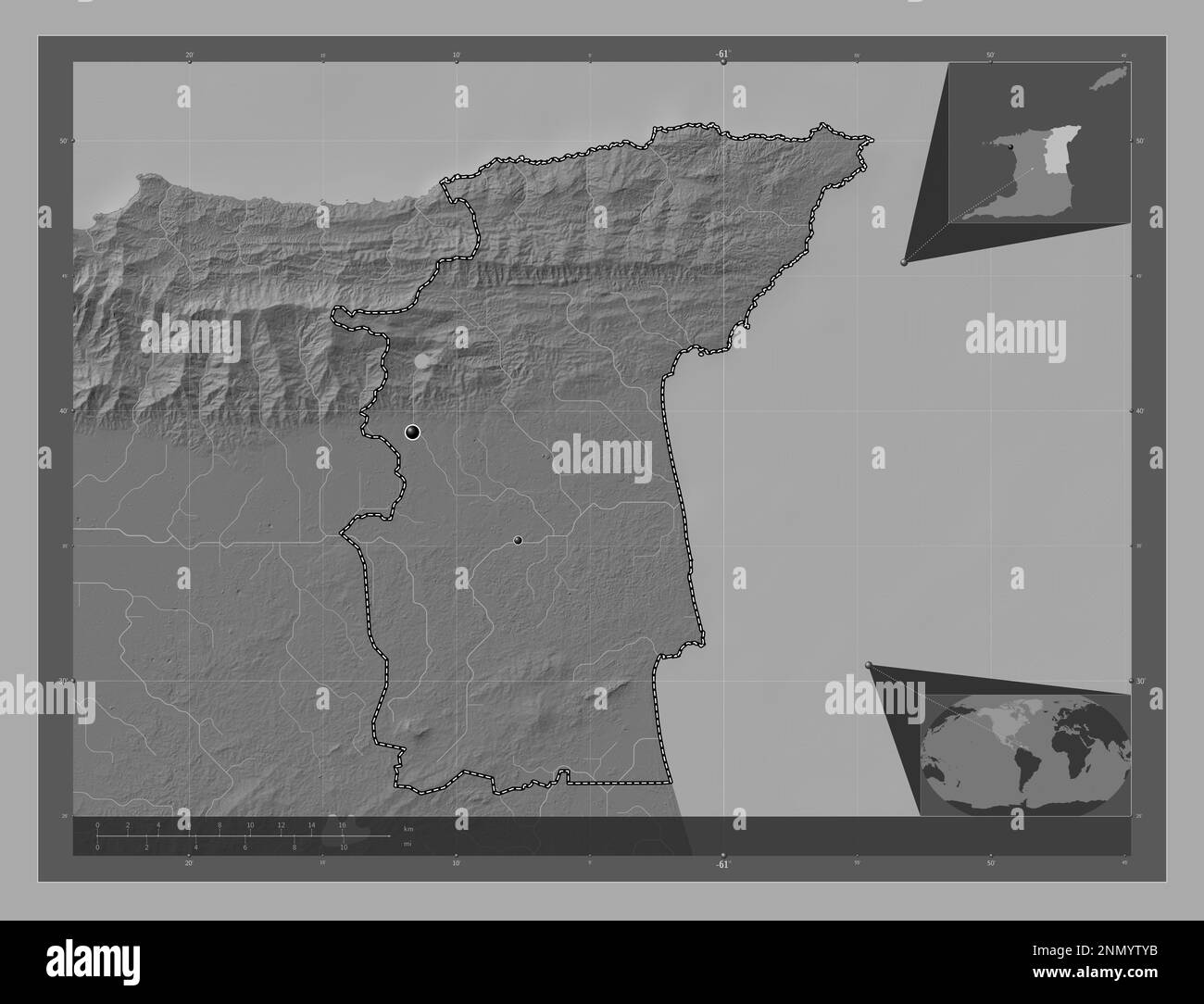 Sangre Grande, region of Trinidad and Tobago. Bilevel elevation map ...
