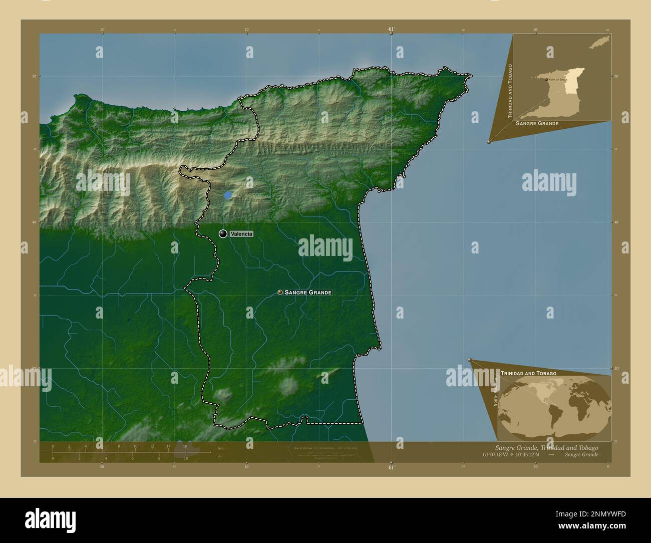 Sangre Grande, region of Trinidad and Tobago. Colored elevation map ...