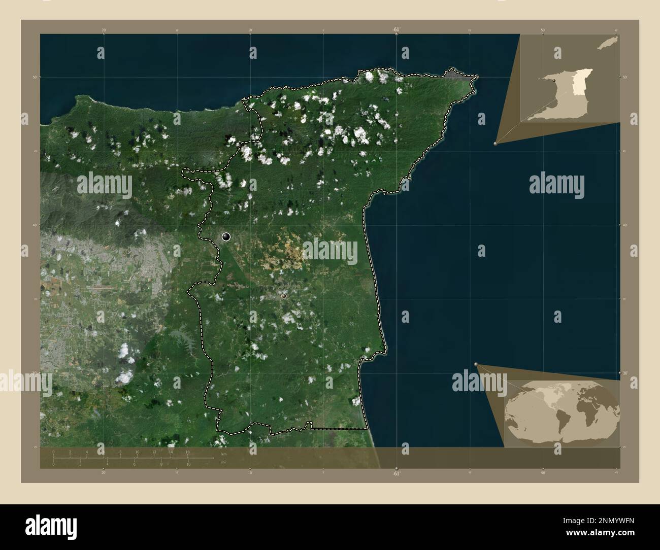 Sangre Grande, region of Trinidad and Tobago. High resolution satellite map. Locations of major ...