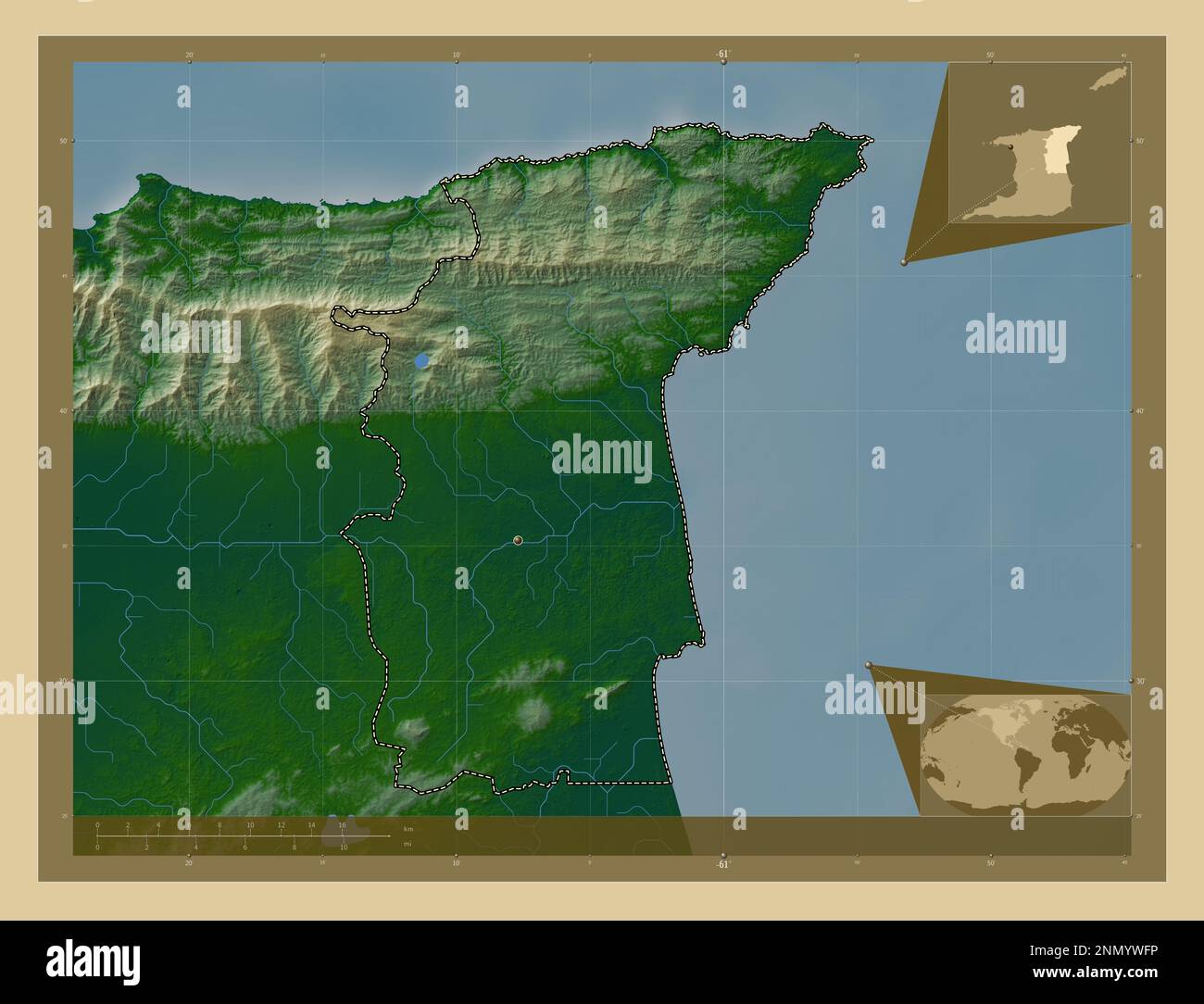 Sangre Grande, region of Trinidad and Tobago. Colored elevation map ...