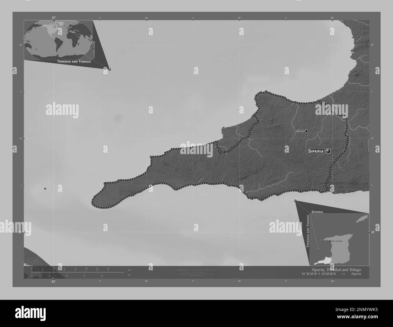 Siparia, region of Trinidad and Tobago. Grayscale elevation map with ...