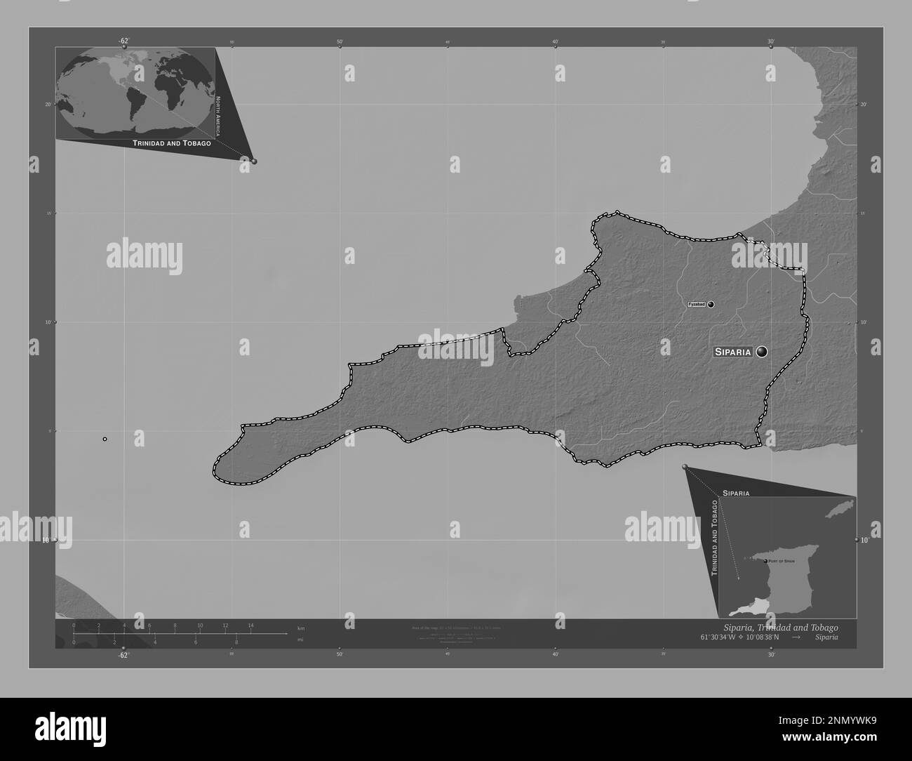 Siparia, region of Trinidad and Tobago. Bilevel elevation map with ...