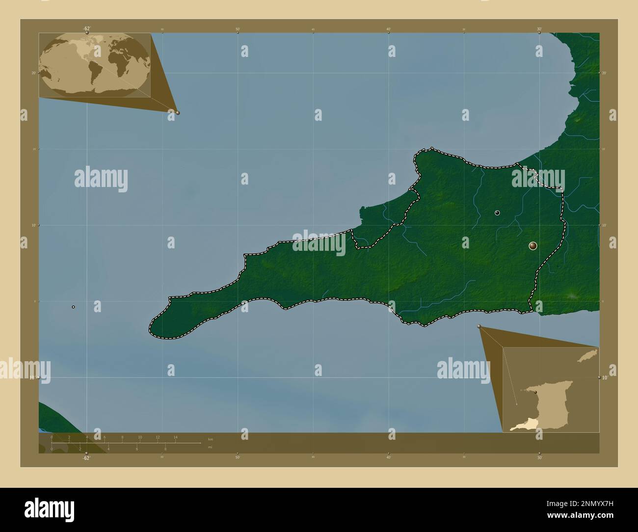 Siparia, region of Trinidad and Tobago. Colored elevation map with ...