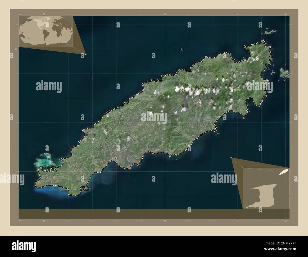 Tobago, region of Trinidad and Tobago. High resolution satellite map. Locations of major cities ...