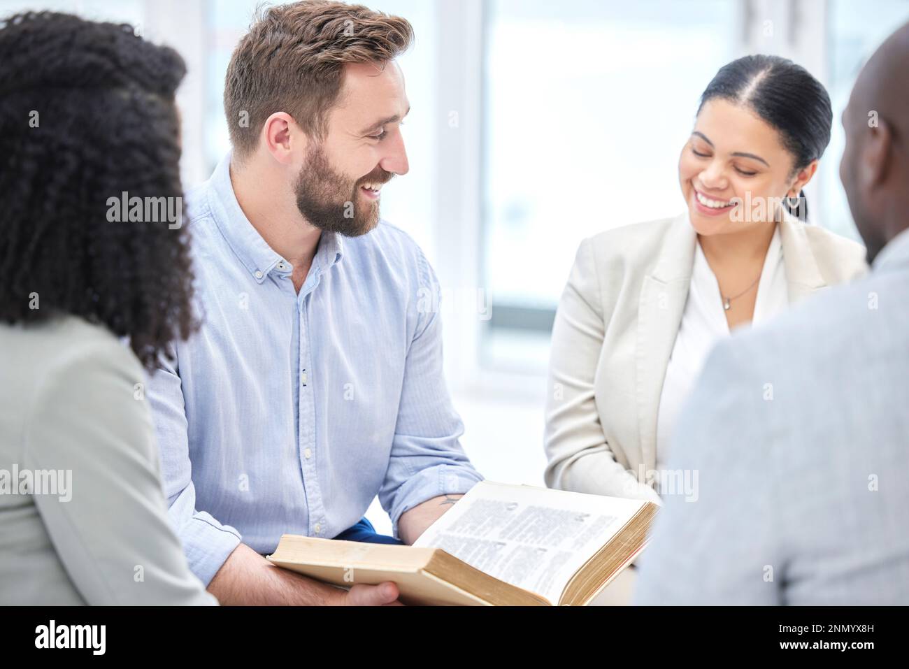 Business people, bible reading and office together with worship ...