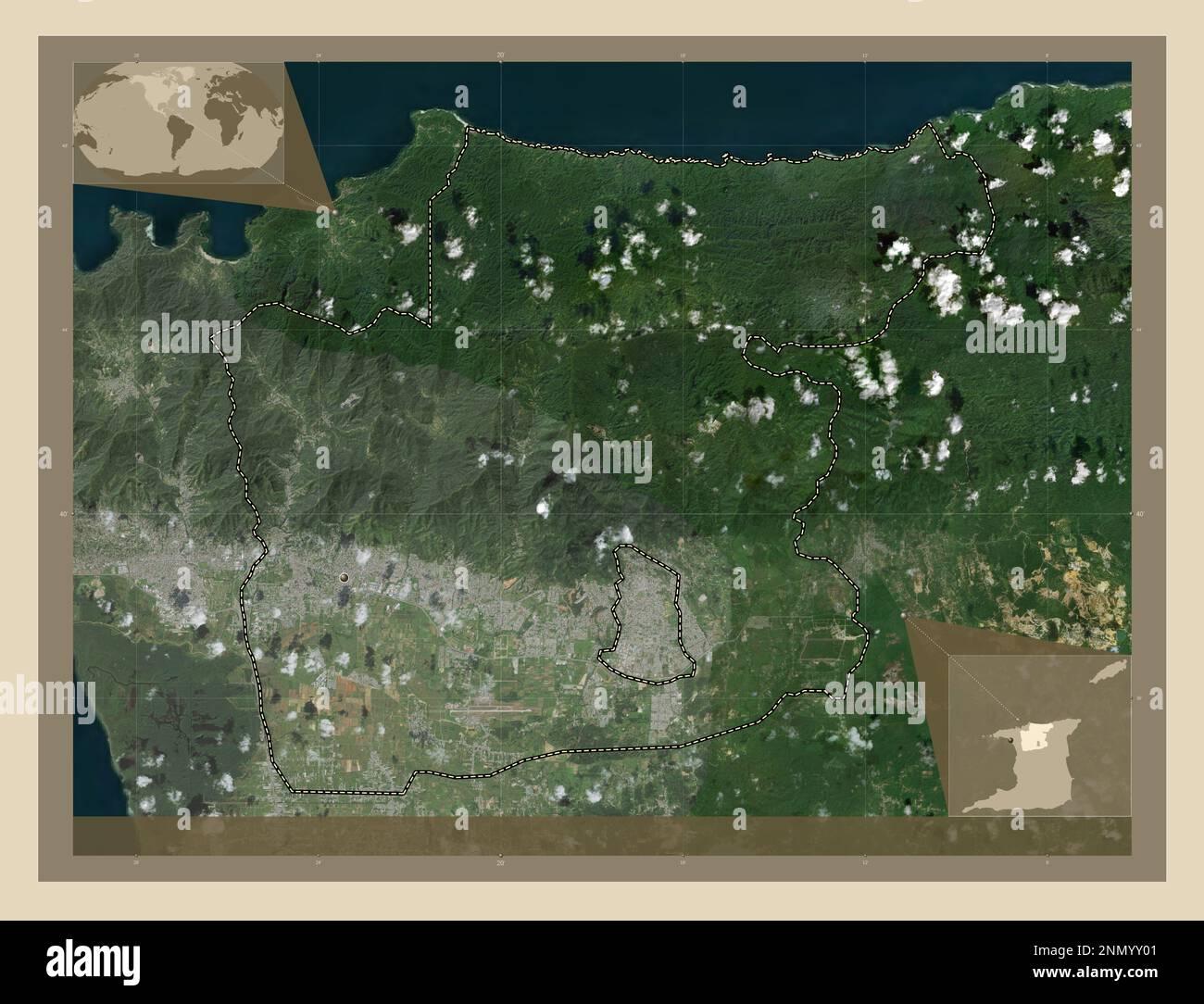 Tunapuna-Piarco, region of Trinidad and Tobago. High resolution satellite map. Corner auxiliary ...