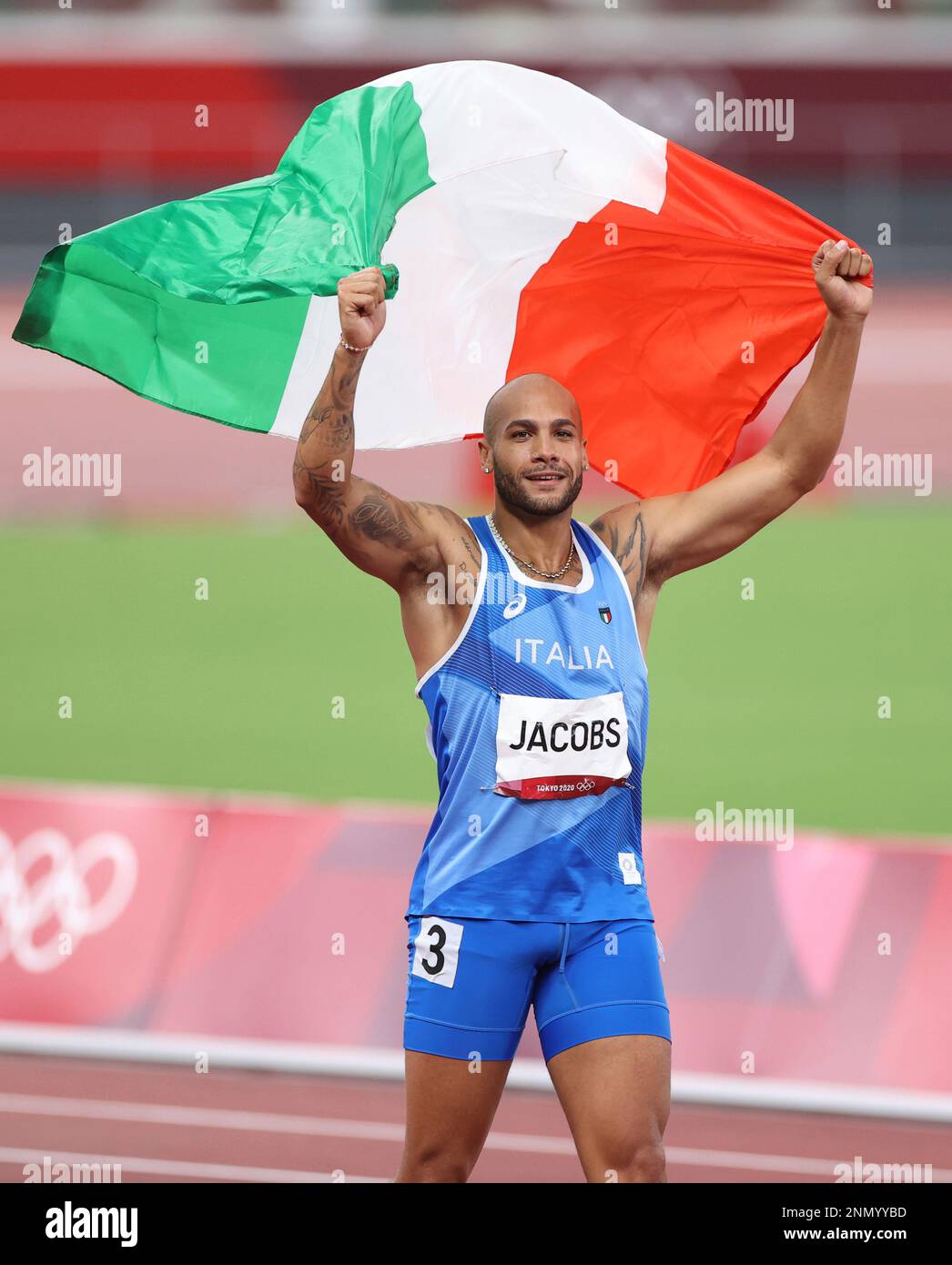 Italian JACOBS Lamont Marcell celebrates after winning Men's 100m final ...
