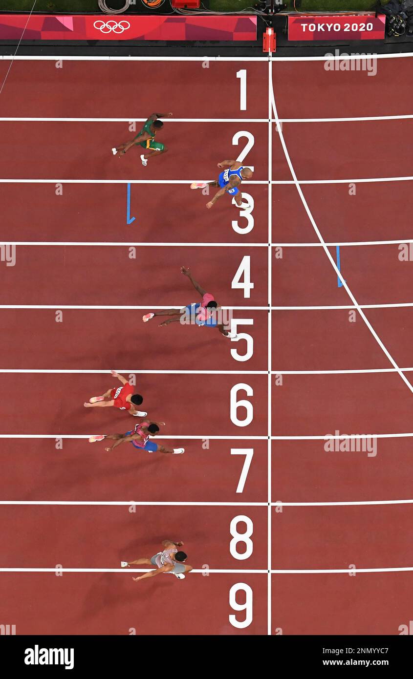 Italian JACOBS Lamont Marcell (3 lane) crosses the finish line during ...