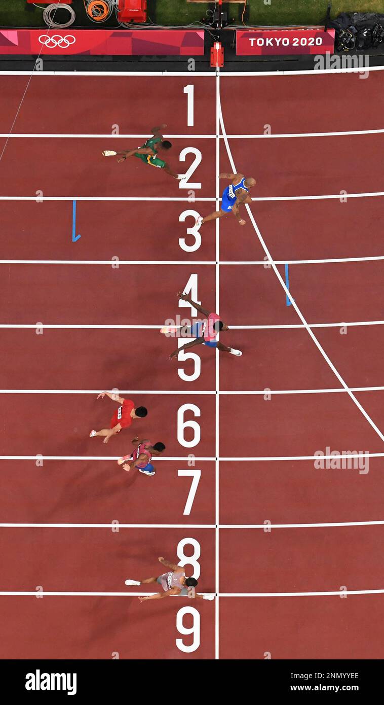 Italian JACOBS Lamont Marcell (3 lane) crosses the finish line during ...