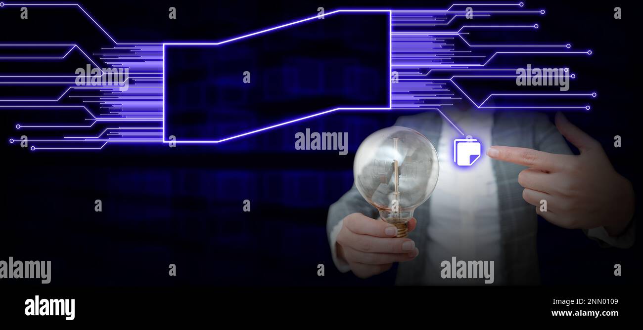 Lady in suit holding light bulb representing innovative thinking ...
